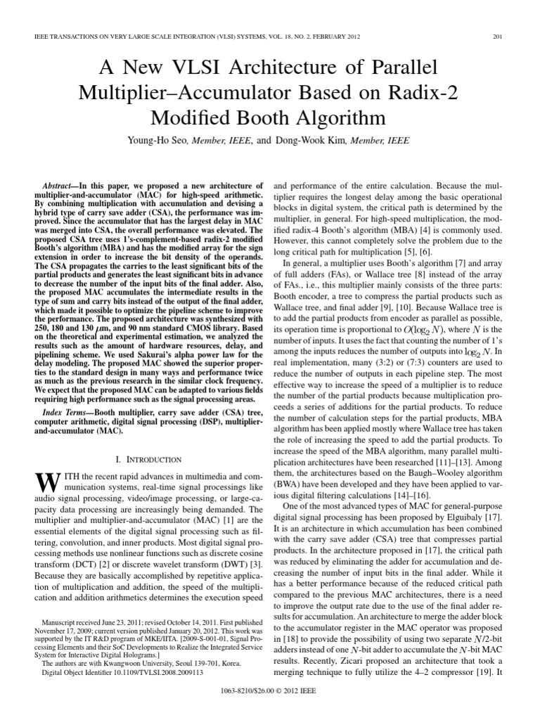 A New VLSI Architecture of Parallel Multiplier-Accumulator Based On Radix-2 Modified Booth ...