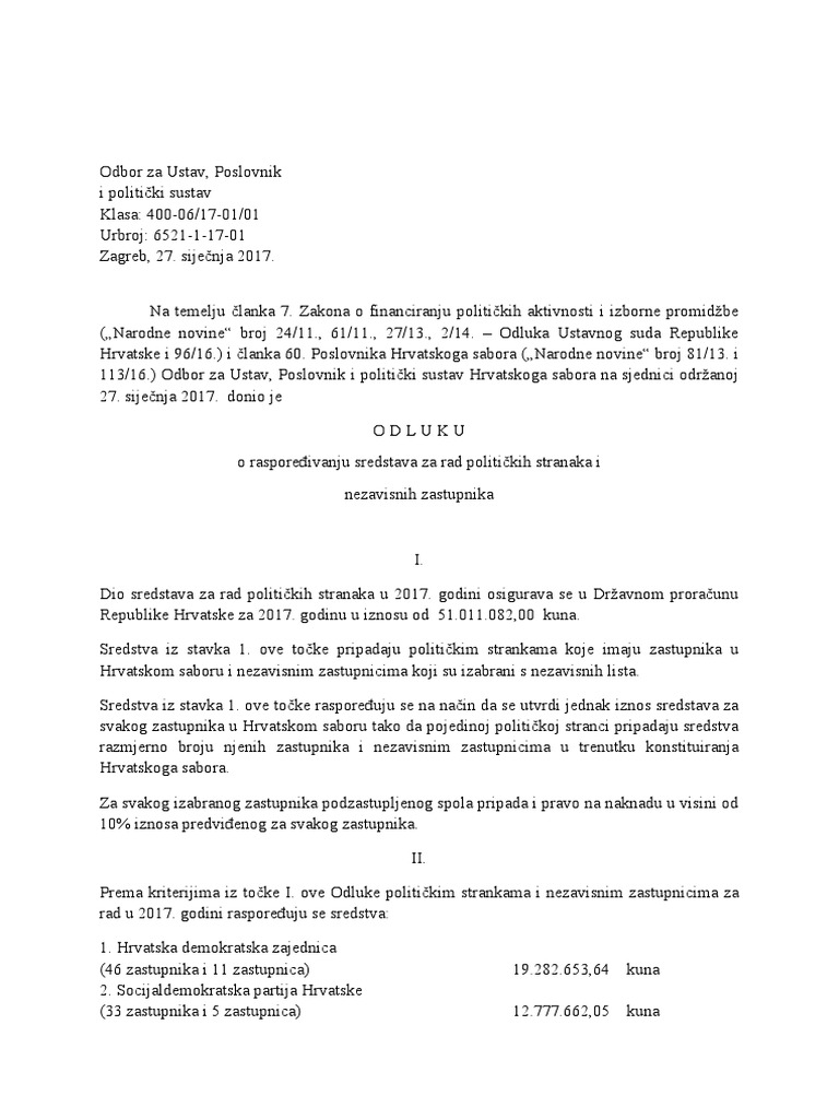 Odluka Rasporedjivanje Sredstava 2017 | PDF