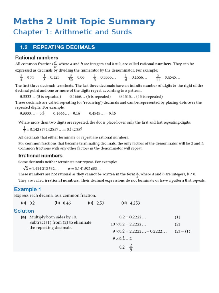 Maths 2 Unit Topic Summary | PDF