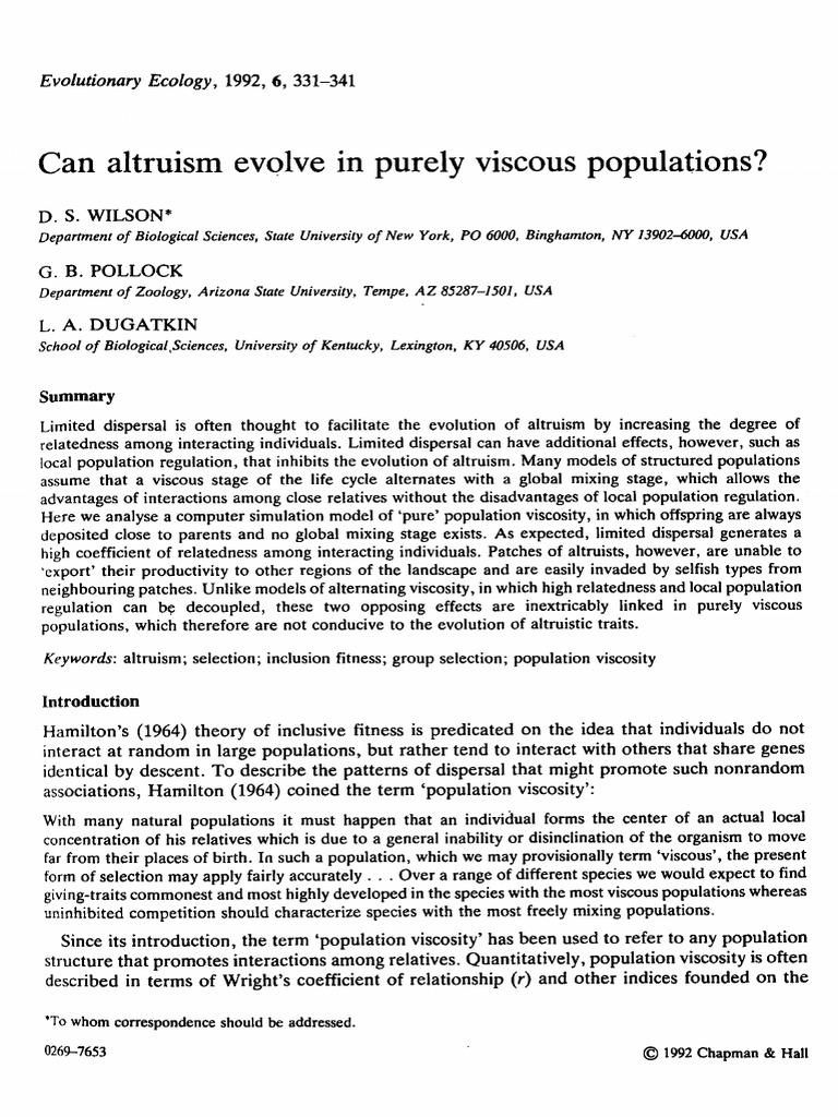 Altruism Evolution in Viscous Populations | PDF | Evolution | Fitness ...