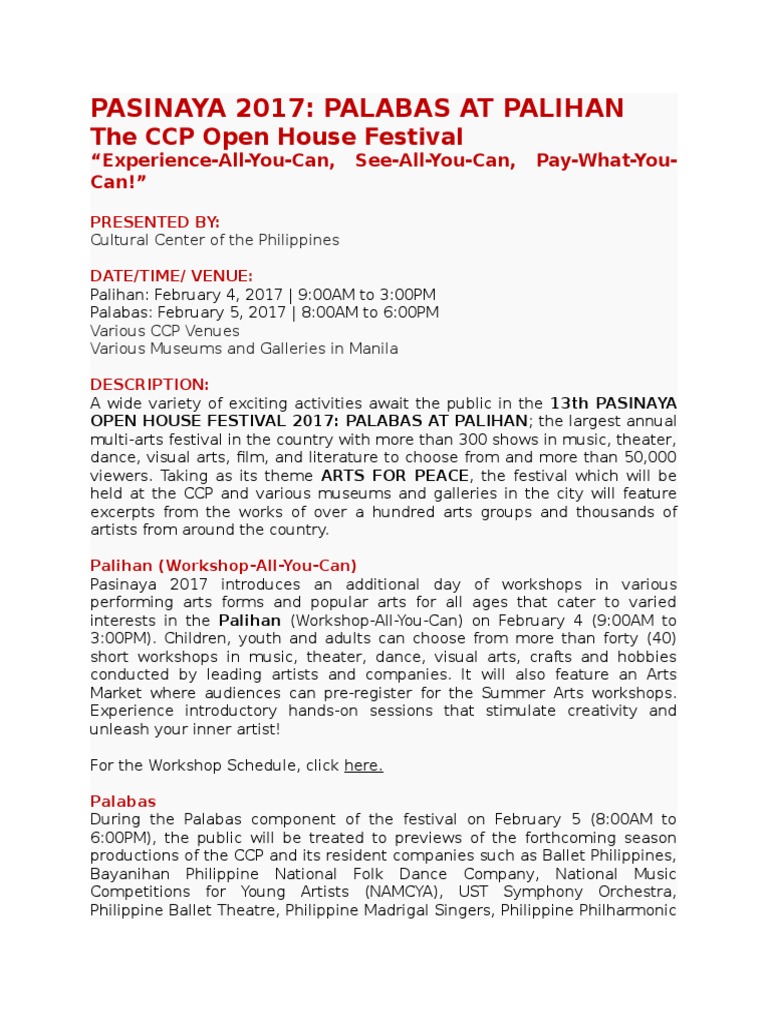 Pasinaya 2017: Palabas at Palihan: The CCP Open House Festival | PDF