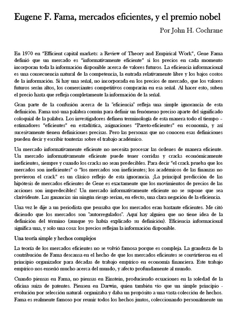 Eugene F. Fama, Mercados Eficientes, y El Premio Nobel | PDF | Mercado ...
