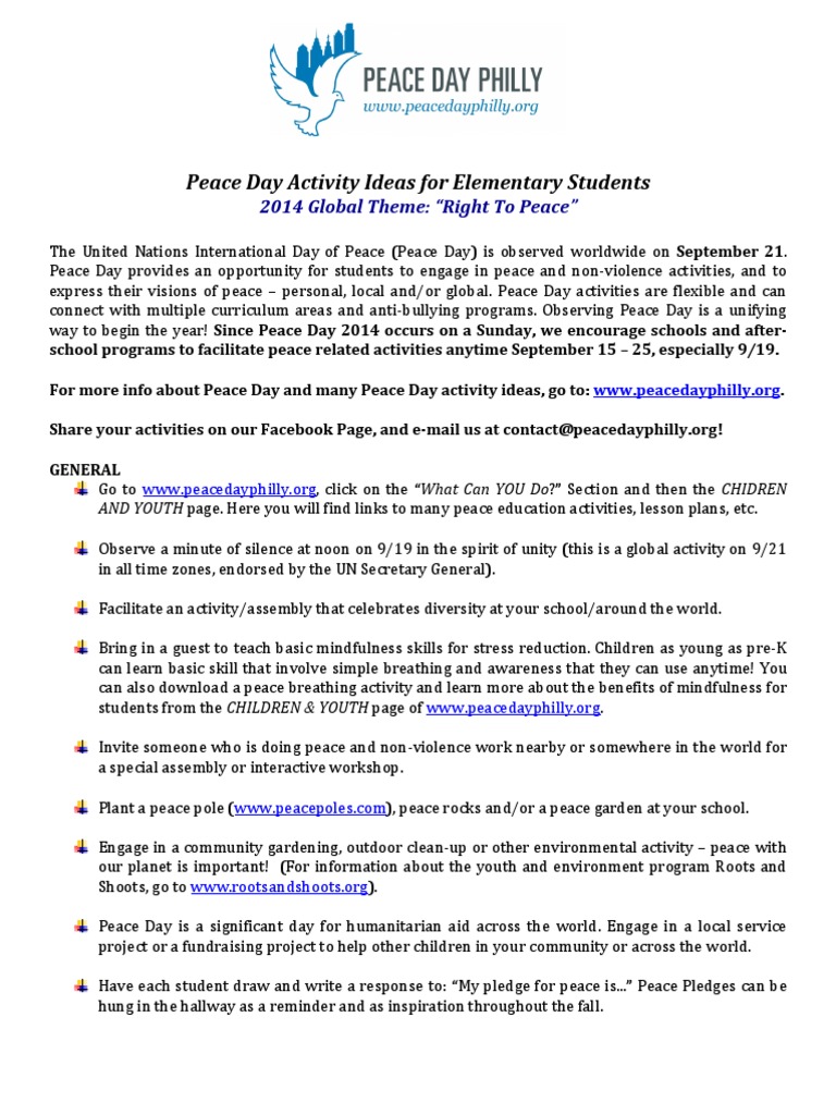 Peace Day Activities Elementary 5 14 | PDF | Peace | Cognition