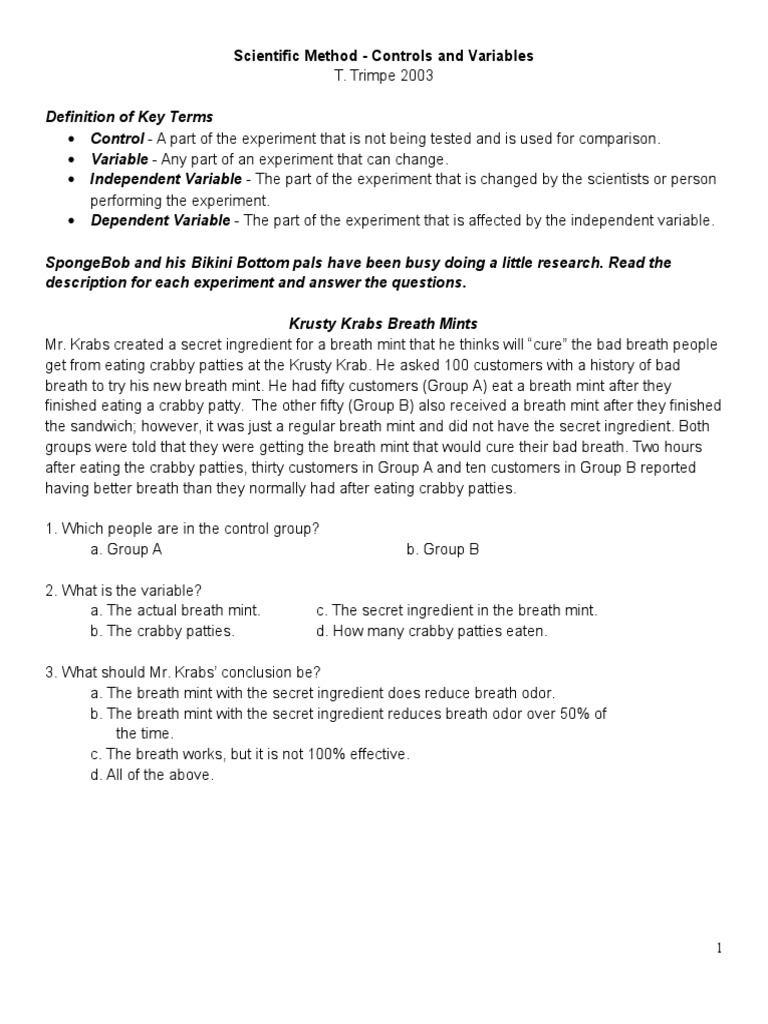 SpongeBob's Scientific Method Experiments | PDF | Experiment | Halitosis