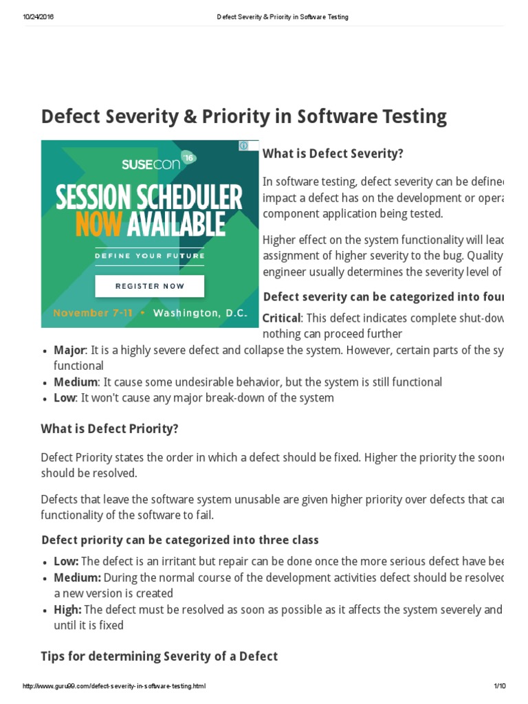 Defect Severity & Priority in Software Testing | PDF | Software Bug ...