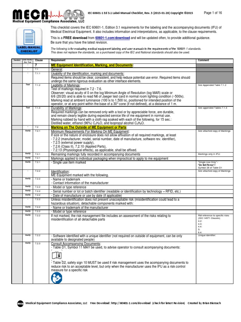 Meca Iec 60601 1 Ed3.1 Label Manual Checklist Rev3 | PDF | Mains ...