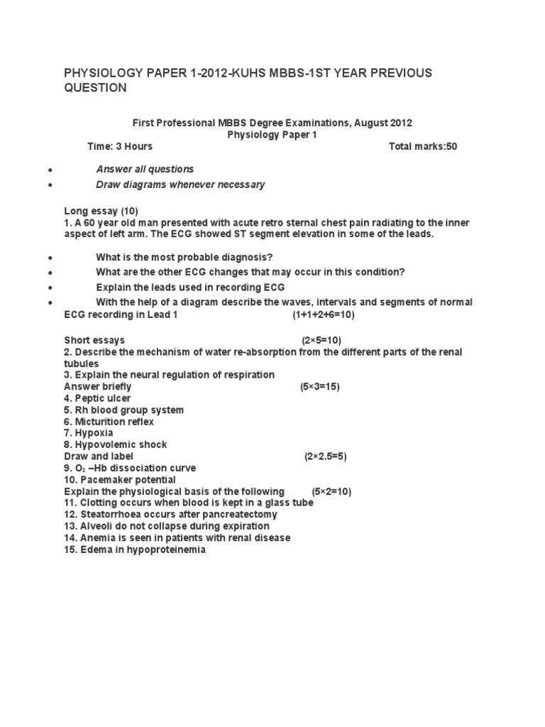 Physiology Paper 1-2012-Kuhs Mbbs-1St Year Previous: Answer All ...