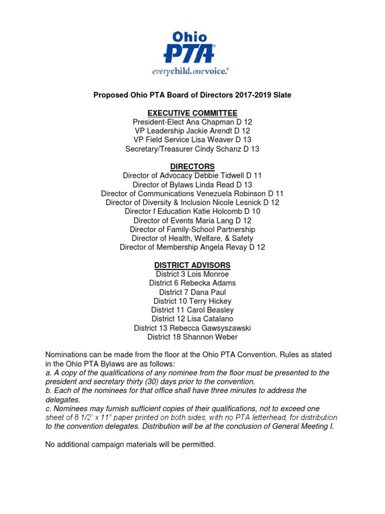 Proposed Ohio PTA Board of Directors 2017-2019 Slate | PDF | Sports ...