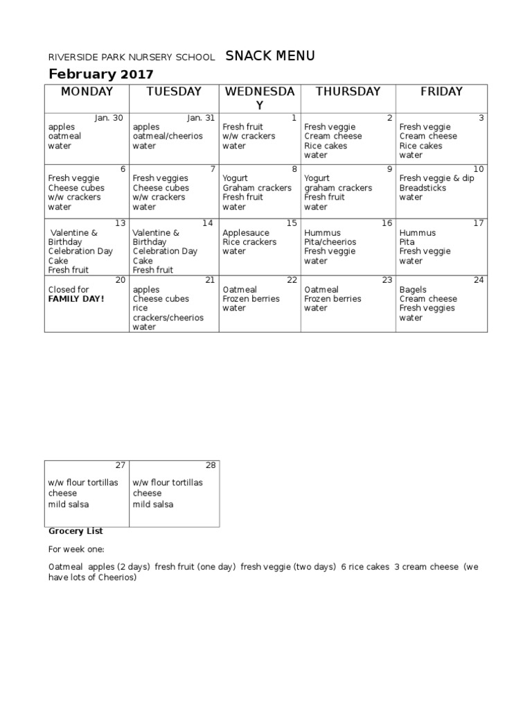 Feb 2017 Snack Menu | PDF