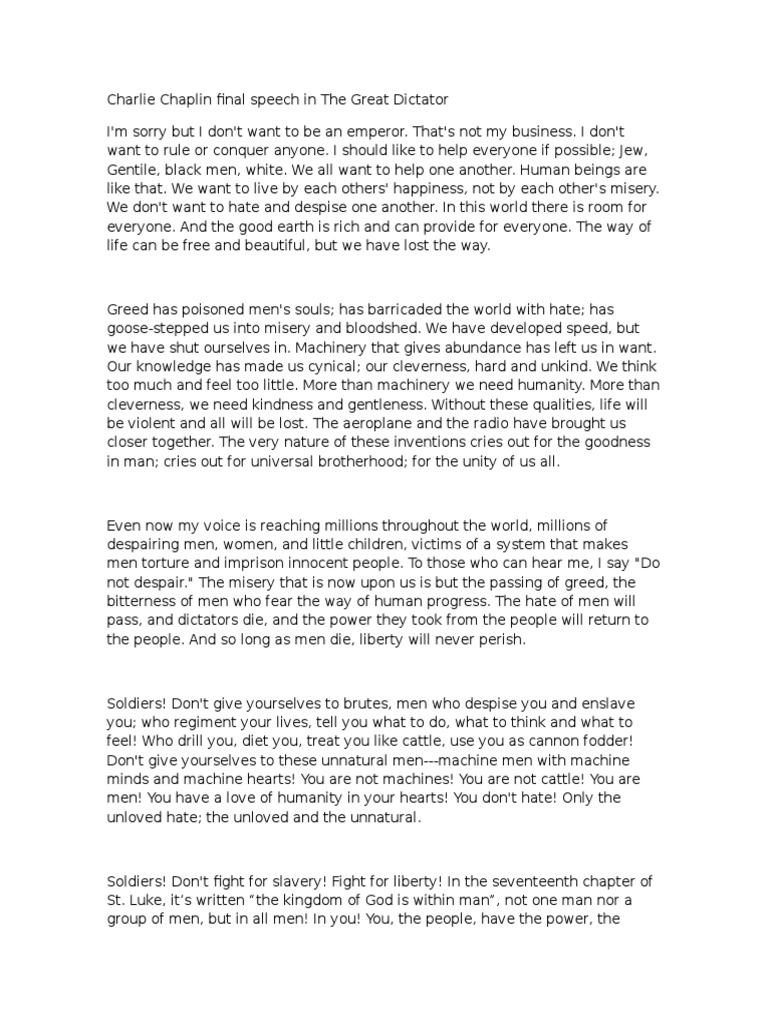 Charlie Chaplin Final Speech in The Great Dictator | PDF