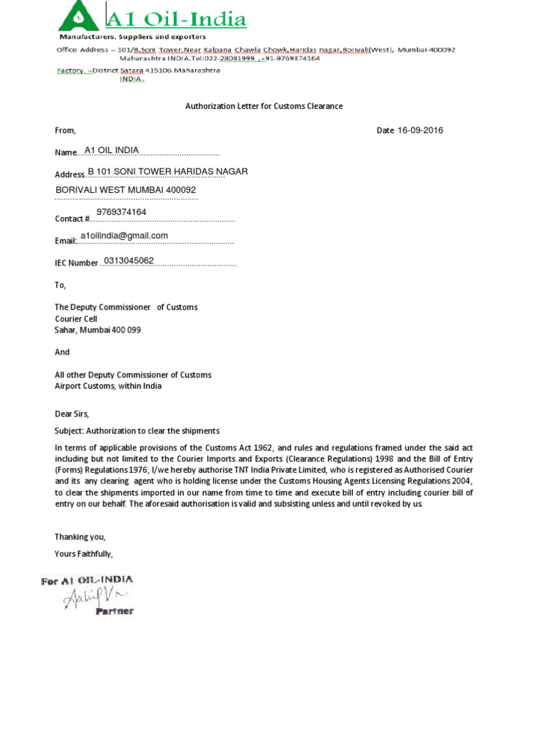 Authorisation - Letter Courier Custom Clearance | PDF | Finance & Money ...
