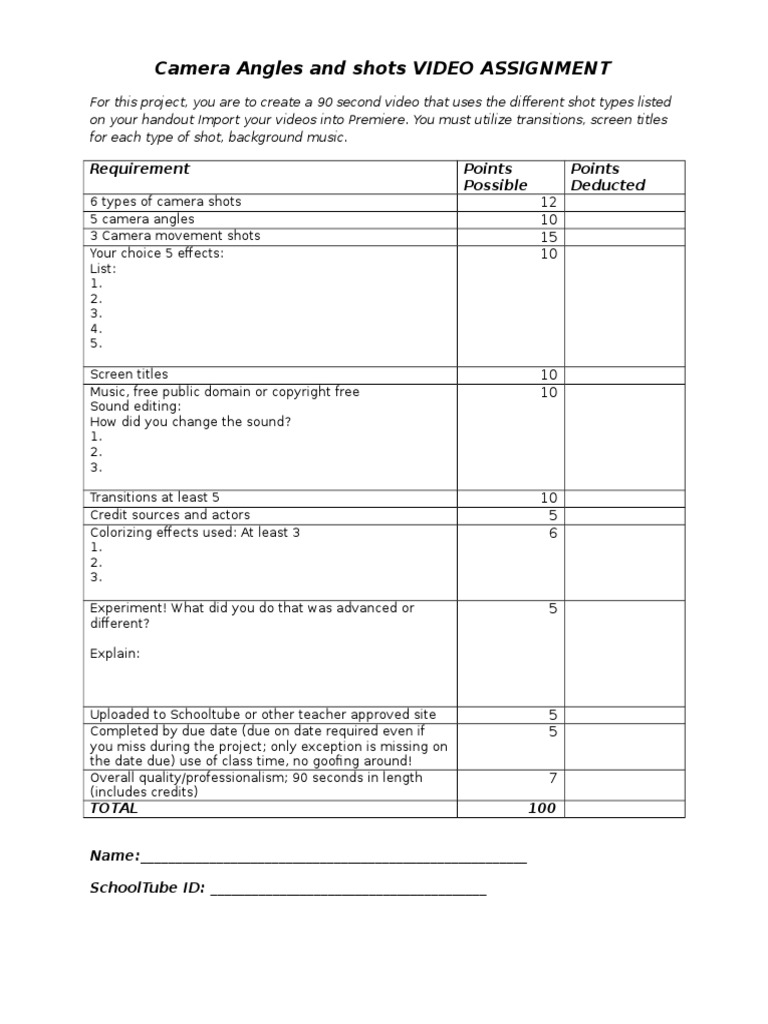 Camera Angles and Shots Rubric | PDF