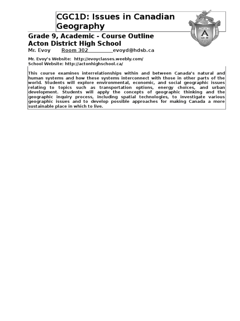 cgc1d Academic Issues in Canadian Geography Course Outline | PDF ...