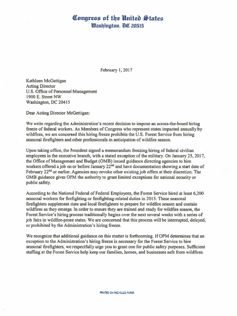 Letter to OPM - Hiring Freeze Impact on U.S. Forest Service | Agencies ...