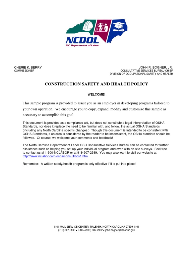 Construction Safety and Health Policy: Welcome! | PDF | Dangerous Goods ...