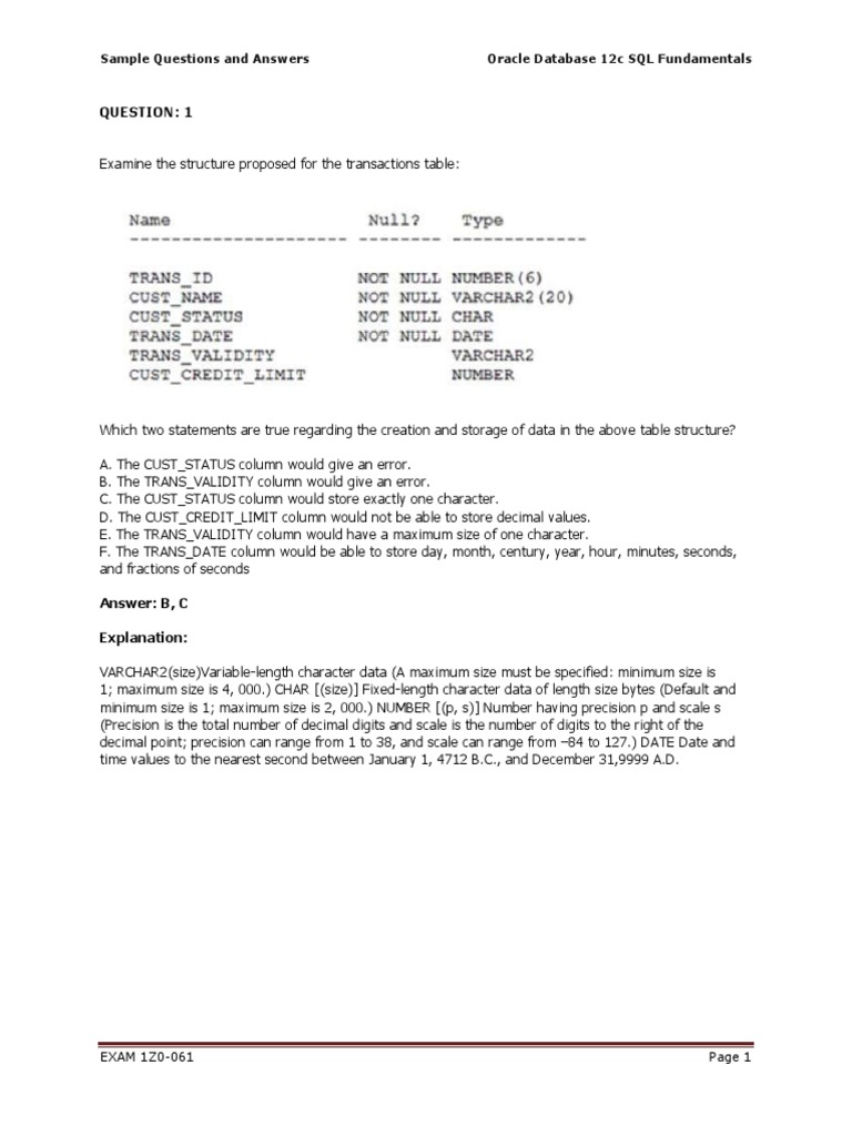 1Z0-061 Sample Questions Answers PDF | PDF | Sql | Table (Database)