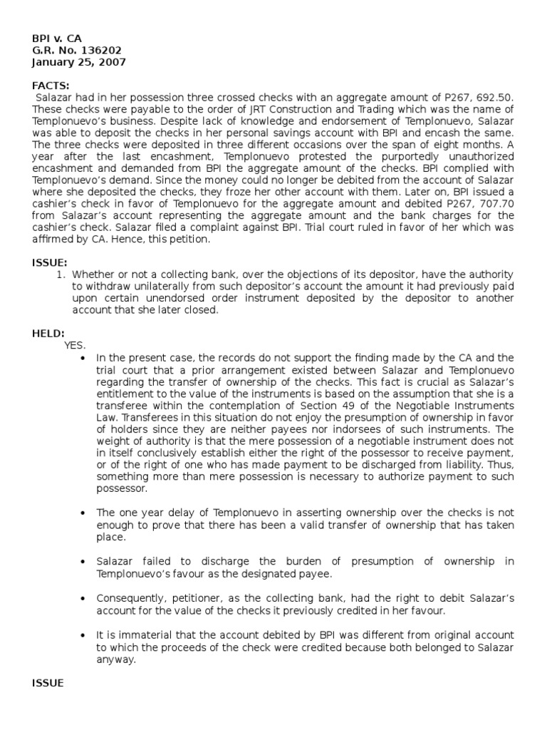 BPI Vs CA Digest | PDF | Cheque | Deposit Account