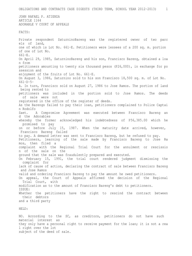 Obligations and Contracts Case Digests | PDF | Mortgage Law | Negligence