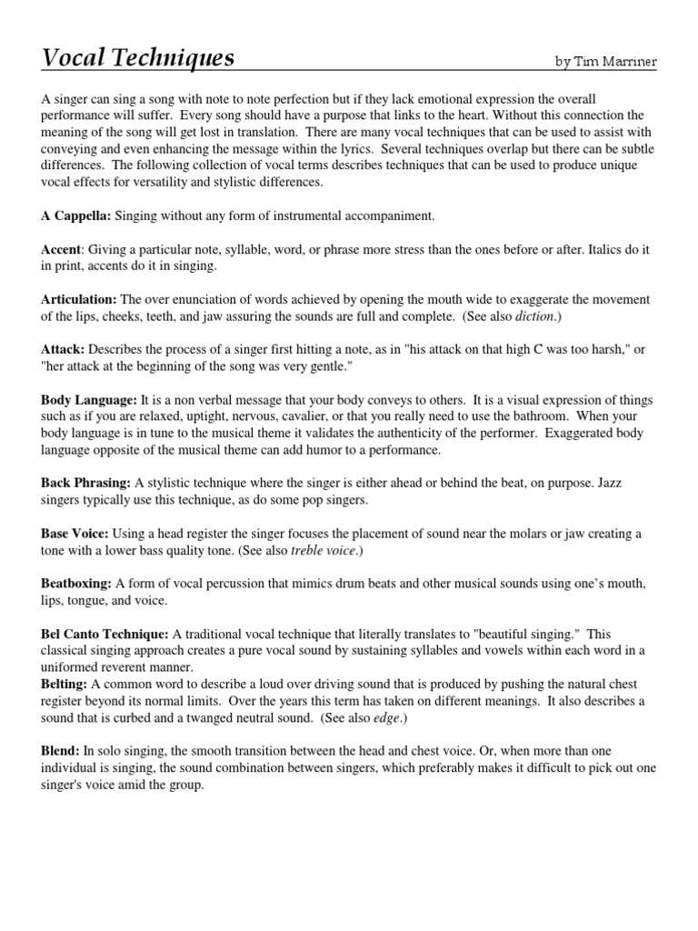 Vocal Techniques 2013 (Tim Marriner) | PDF | Singing | Vocal Pedagogy