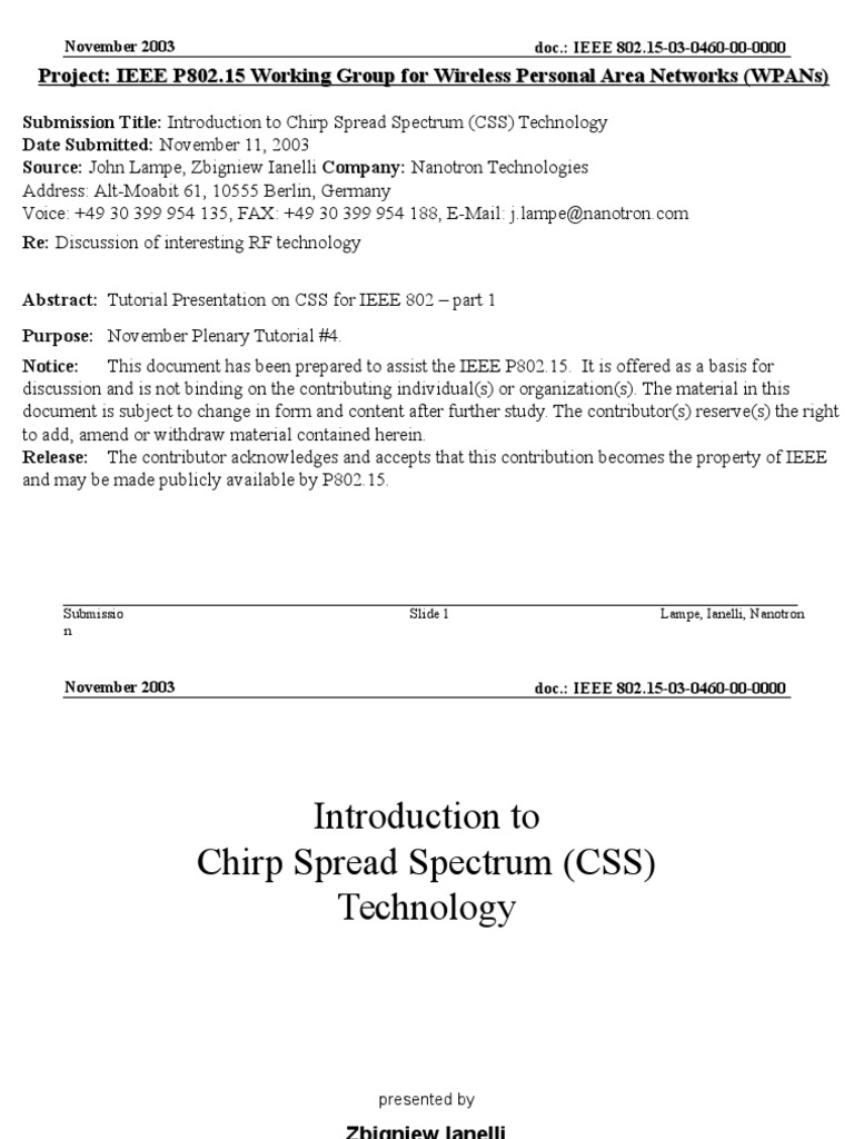 Introduction to Chirp Spread Spectrum (CSS) Technology: A Tutorial Presentation on CSS for IEEE ...