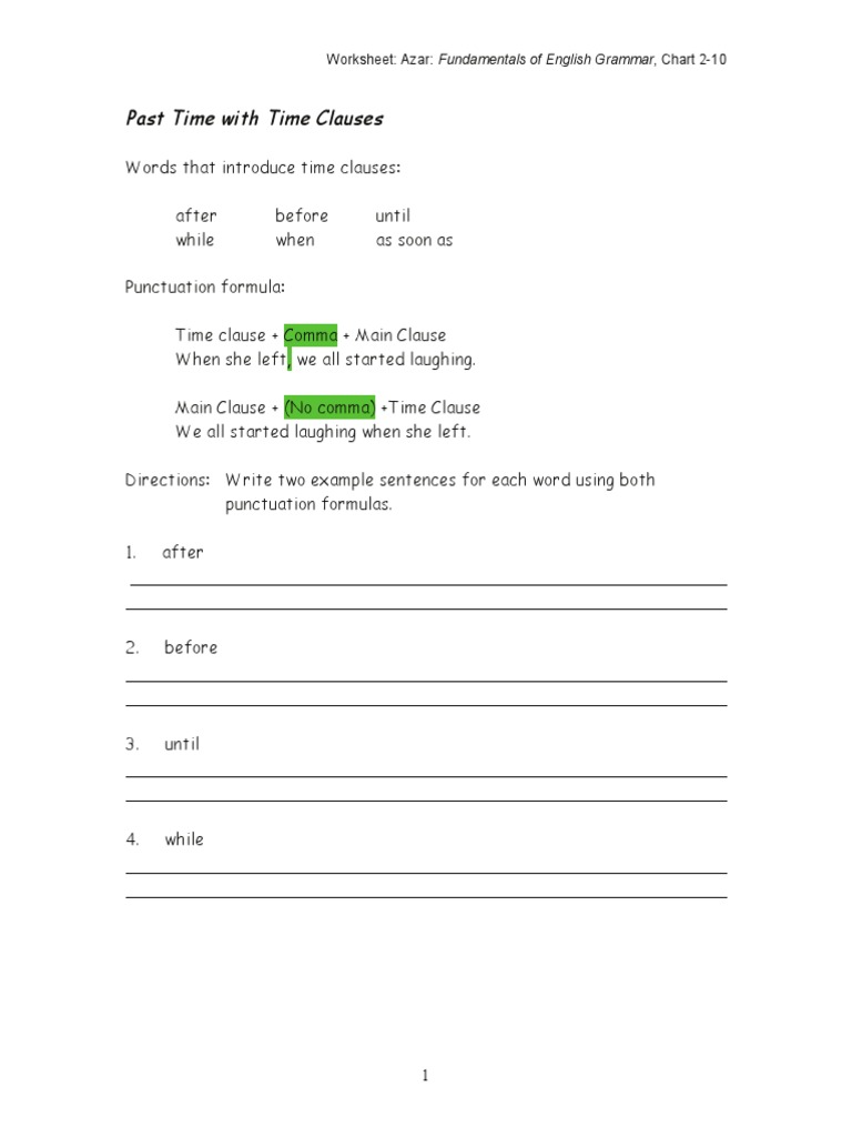 Past Time With Time Clauses: Worksheet: Azar: Fundamentals of English ...