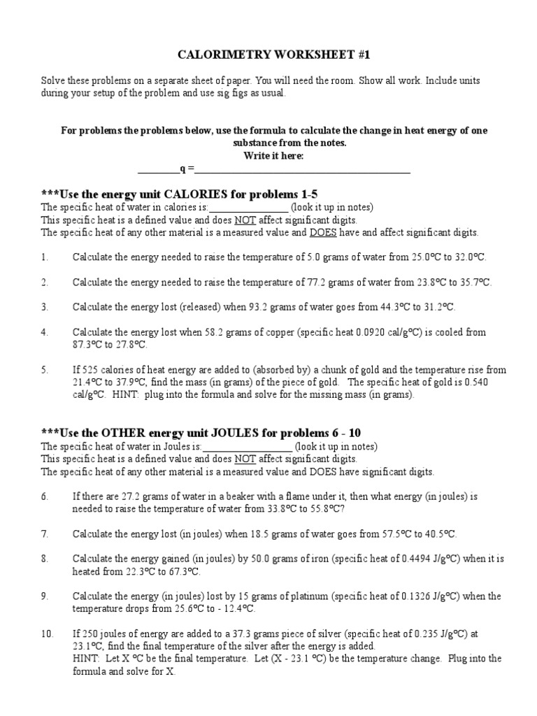 Calorimetry Worksheet | PDF | Calorie | Heat
