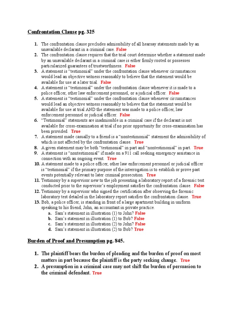 Evidence Exam MC | PDF | Confrontation Clause | Burden Of Proof (Law)