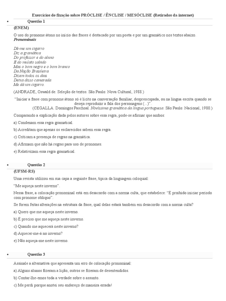 Exercícios Sobre Próclise Ênclise e Mesóclise | Pronome | Gramática