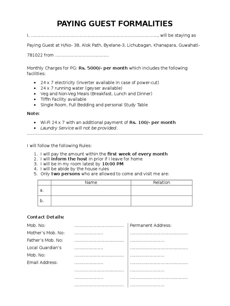 Paying Guest Registration Form Template | PDF