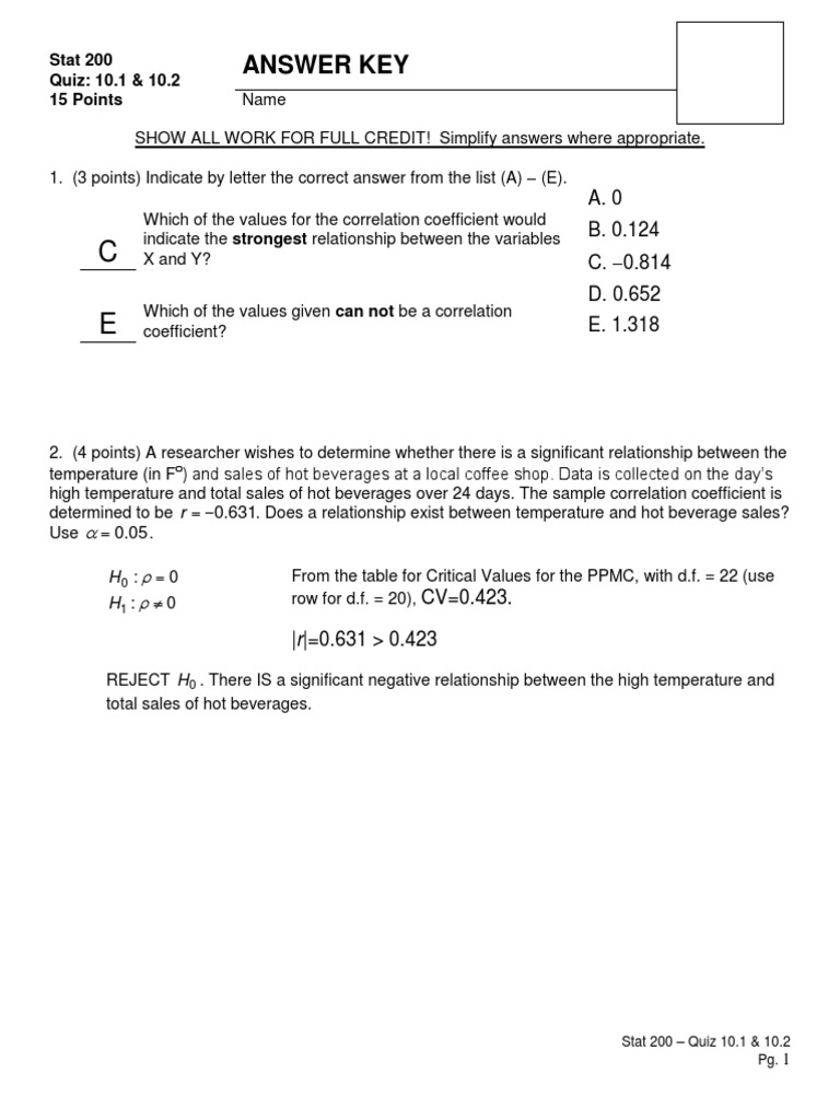 AP Statistics Quiz 10.1 & 10.2 Answers | PDF
