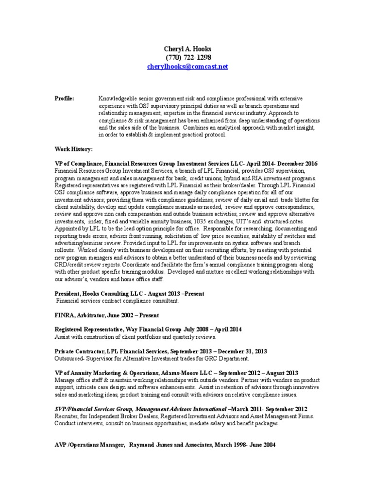 Cheryl Hooks 2017 Updated Resume | PDF | Financial Adviser | Financial ...