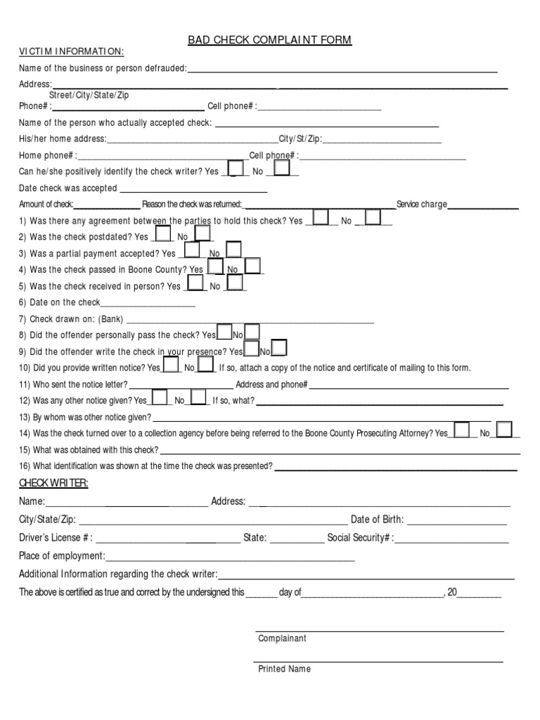 Bad Check Complaint Form Template | PDF