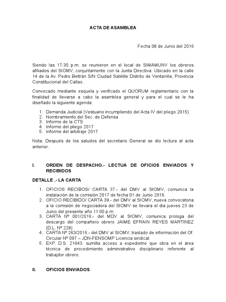 ACTA DE ASAMBLEA.docx | Sindicato | Instituciones sociales