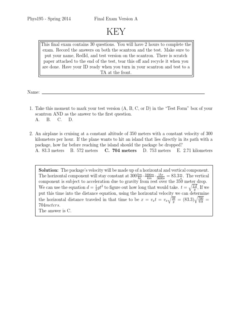 Phy 195 Final Key | PDF | Tension (Physics) | Acceleration