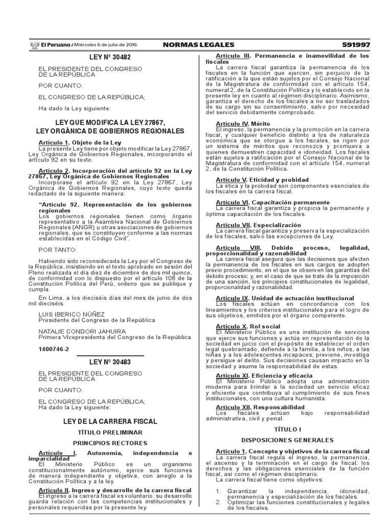 Ley de La Carrera Fiscal Ley N 30483 1400746 3 | PDF | Fiscal | Prueba ...
