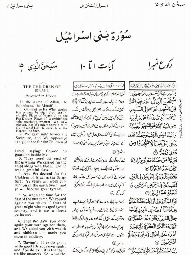 Sura Bani Israeel - Surah No.17 | PDF