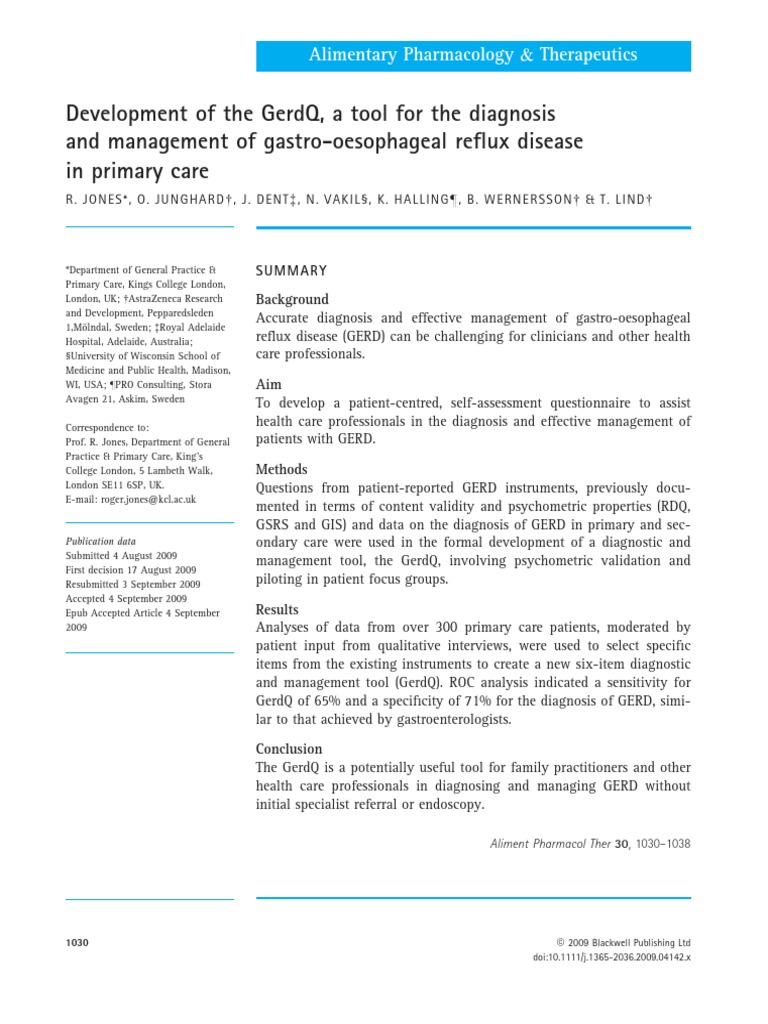 Development of The GerdQ, A Tool For The Diagnosis | PDF ...