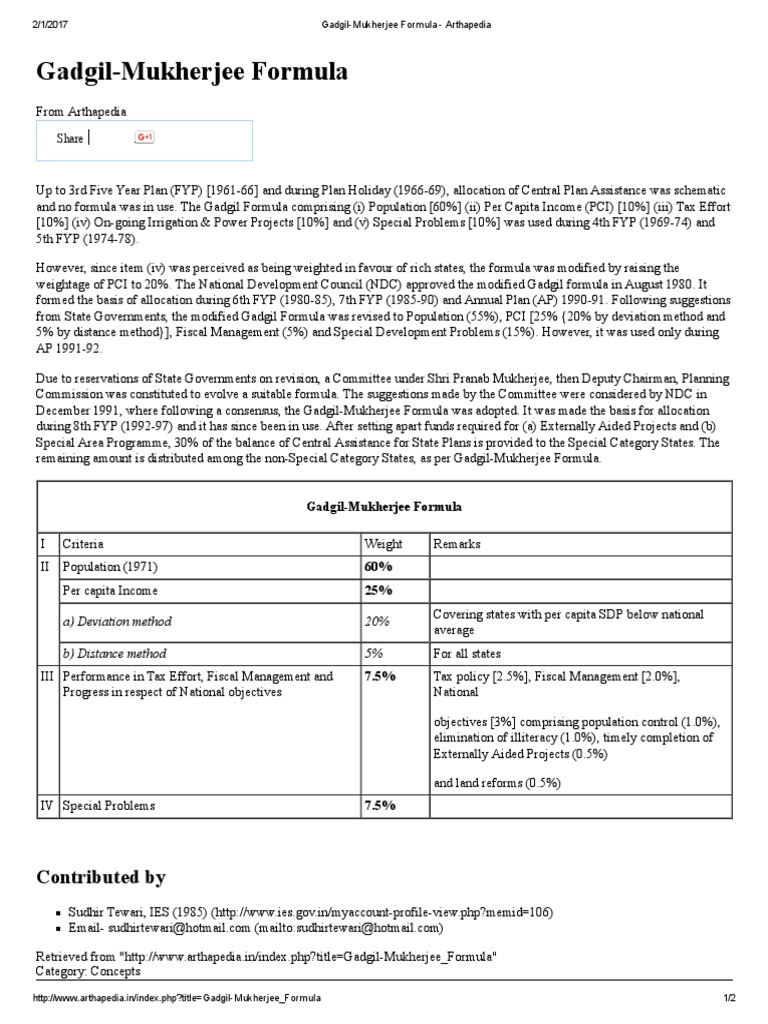 Gadgil-Mukherjee Formula 1992 | Download Free PDF | Economic Policy ...