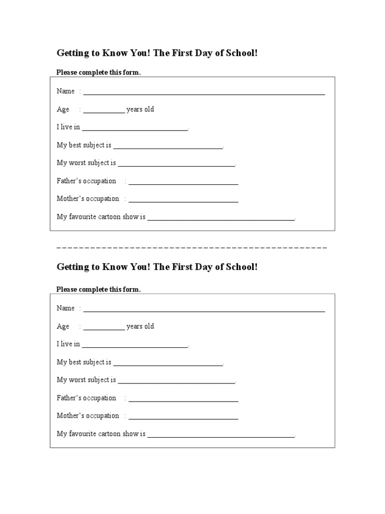 Getting to Know You First Day School Form | PDF