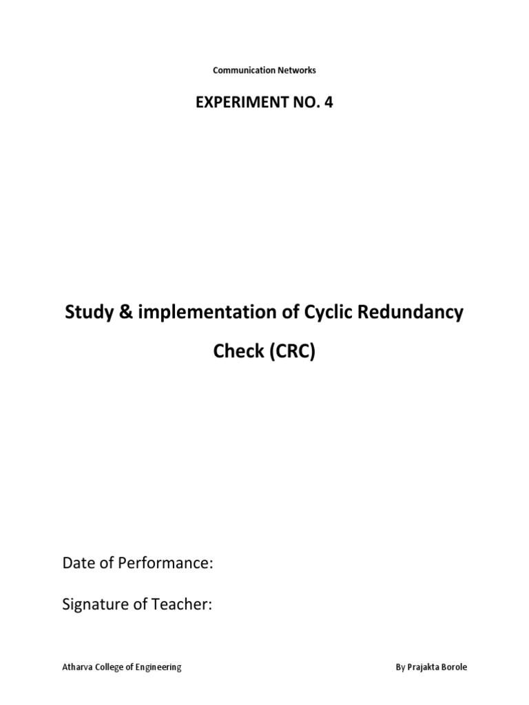 Study & Implementation of Cyclic Redundancy Check (CRC) : Experiment No. 4 | PDF | Fault ...