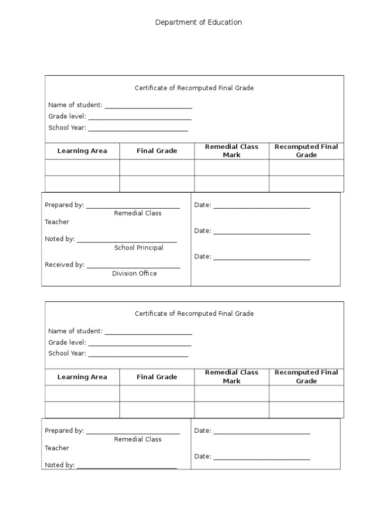Certificate of Recomputed Final Grade | PDF