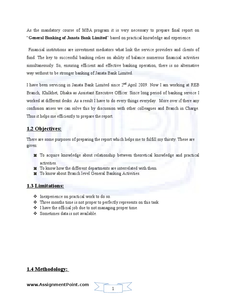 Internship Report On General Banking of Janata Bank Limited | PDF ...