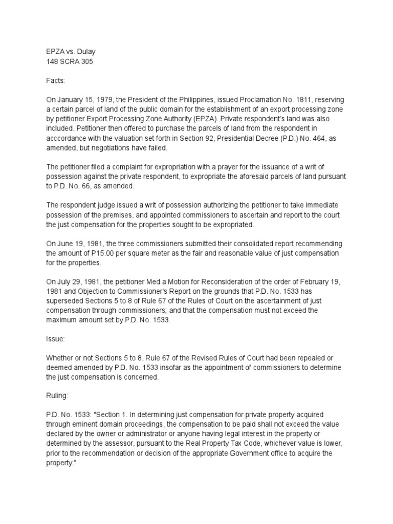 EPZA vs. Dulay | PDF | Just Compensation | Eminent Domain