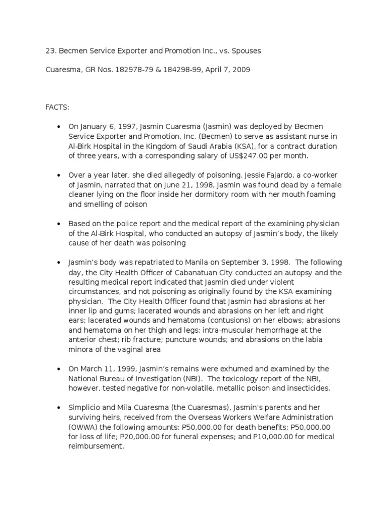 Becmen Service Exporter and Promotion Inc., vs. Spouses | PDF | Damages ...