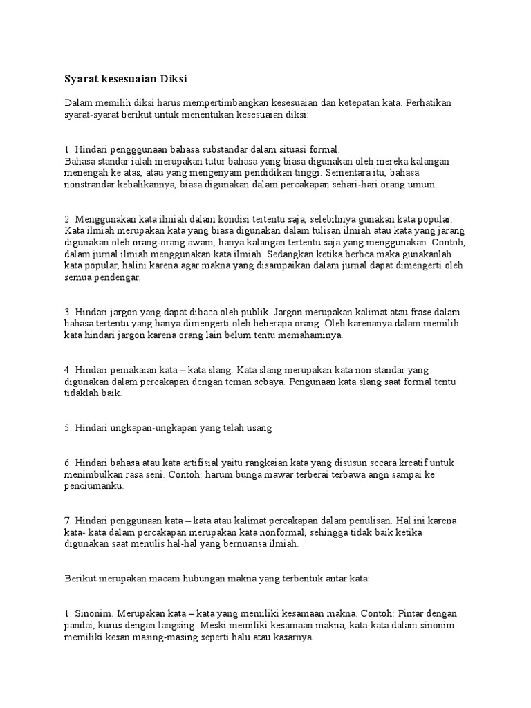 Syarat Kesesuaian Diksi | PDF