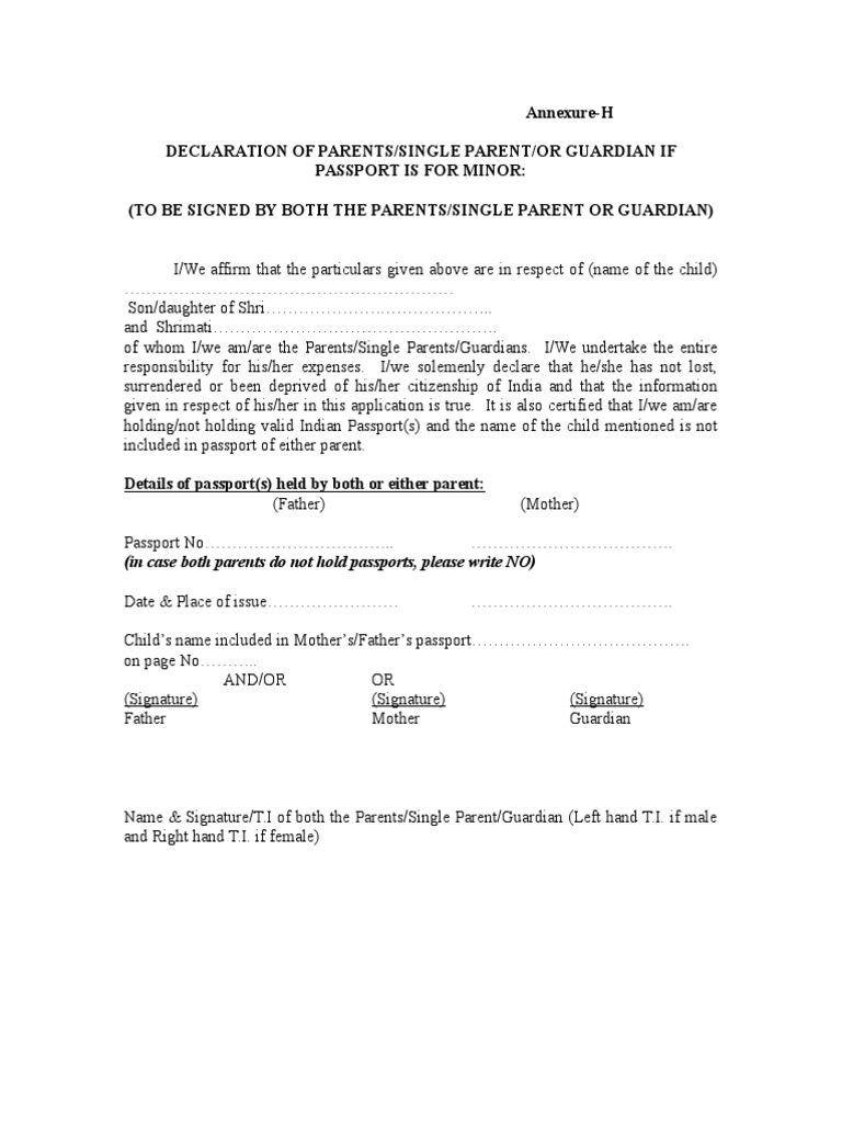 Annexure-H Declaration of Parents/Single Parent/Or Guardian If Passport ...