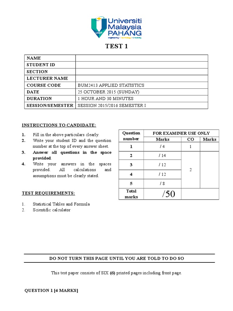 Test 1: For Examiner Use Only | PDF | Survey Methodology | Confidence ...