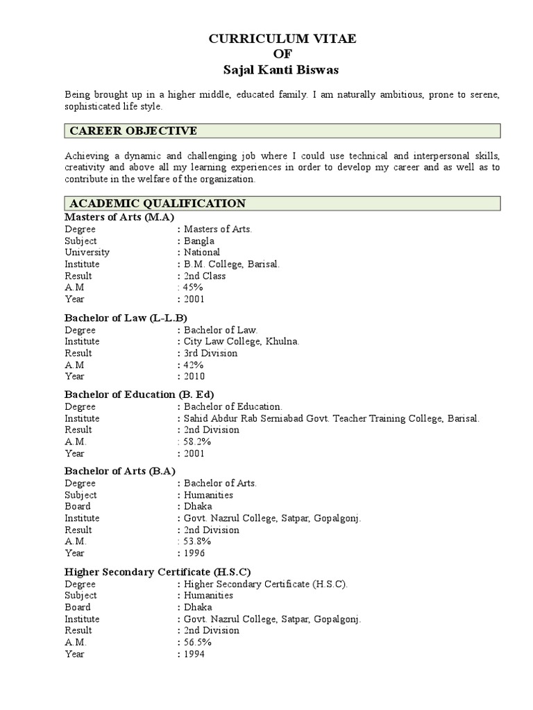 Curriculum Vitae OF Sajal Kanti Biswas: Career Objective | PDF