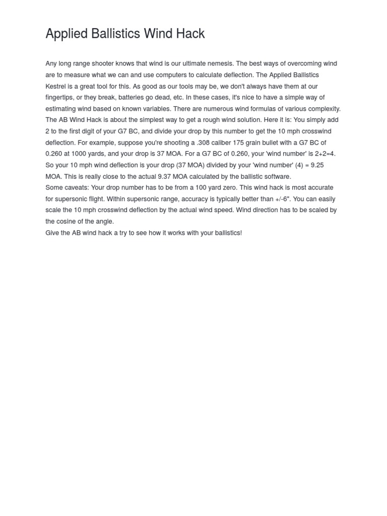 A Simple Wind Formula: The Applied Ballistics Wind Hack | PDF