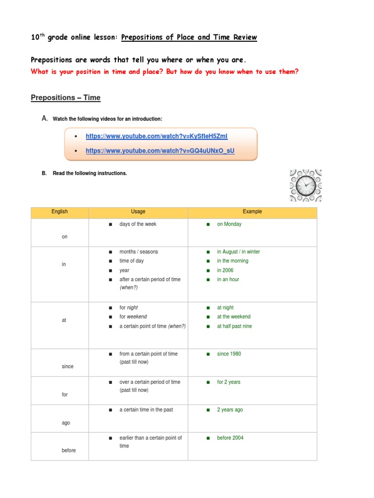 10th Grade Online Lesson On Prepositions of Time and Place | PDF